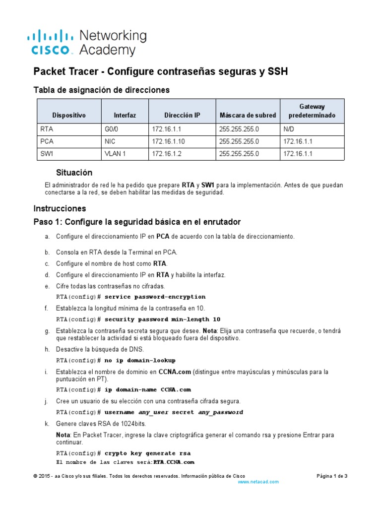 16 4 6 Packet Tracer Configure Secure Passwords And Ssh Pdf Dirección Ip Contraseña