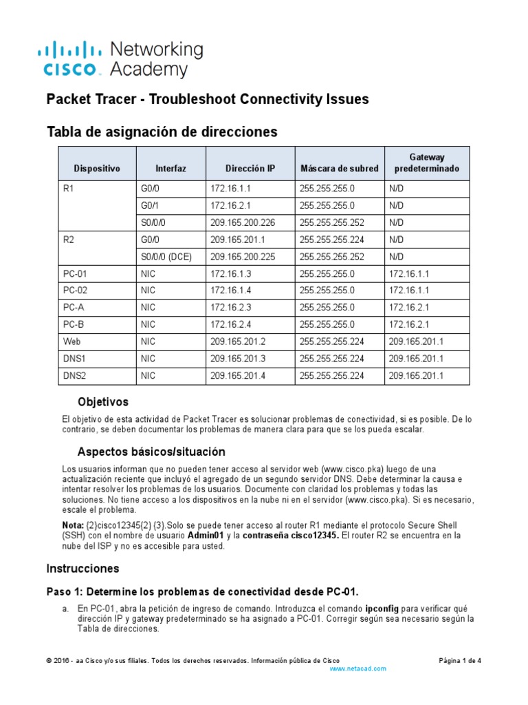 17 7 7 Packet Tracer Troubleshoot Connectivity Issues Pdf Gateway