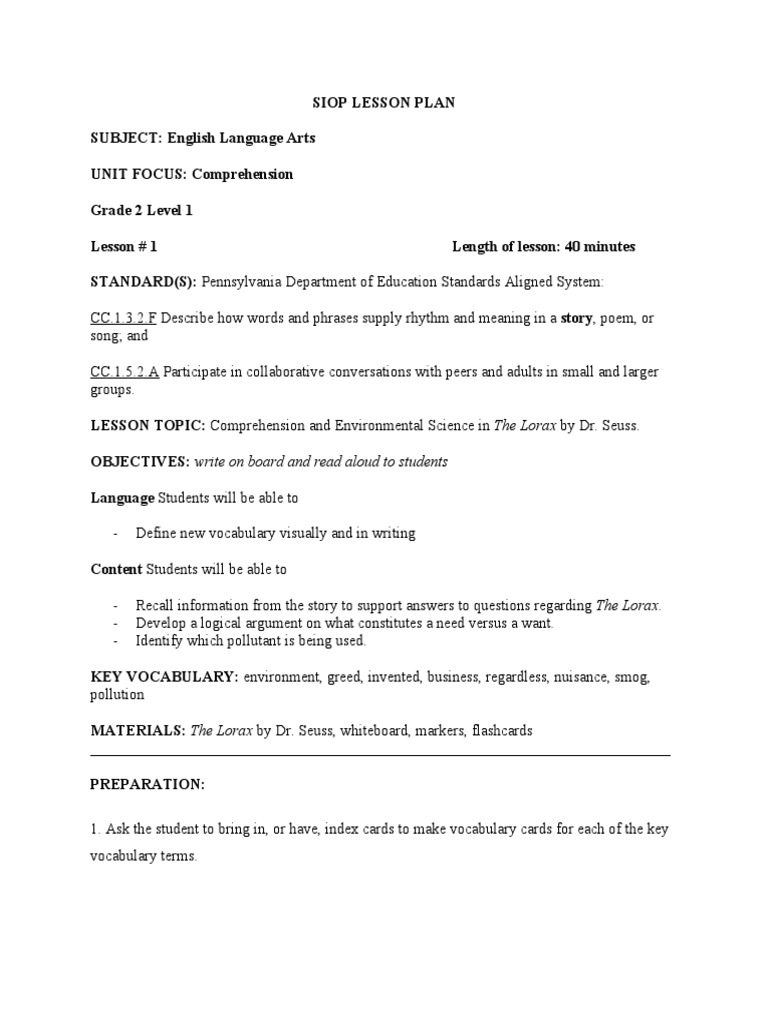 Siop Lesson Plan | PDF | Reading Comprehension | Vocabulary