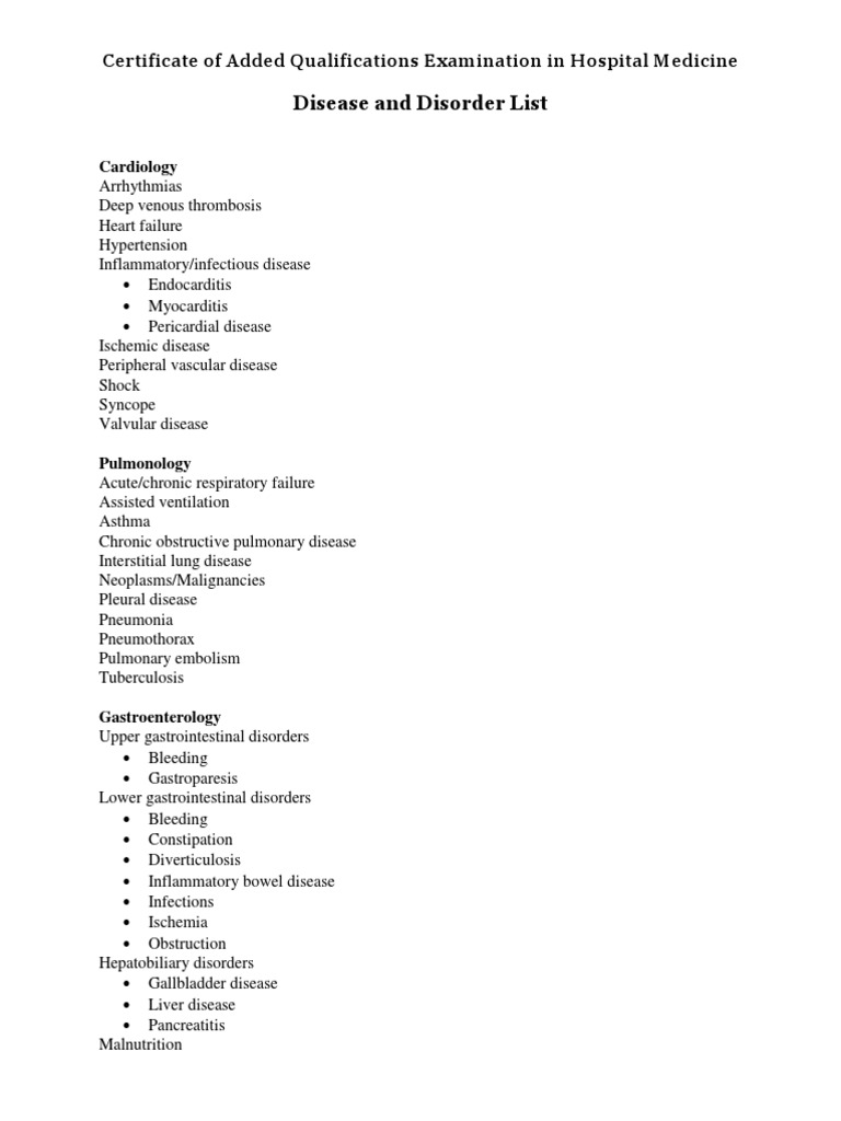 Hospital Medicine Exam Disease List | PDF | Respiratory Diseases | Ischemia