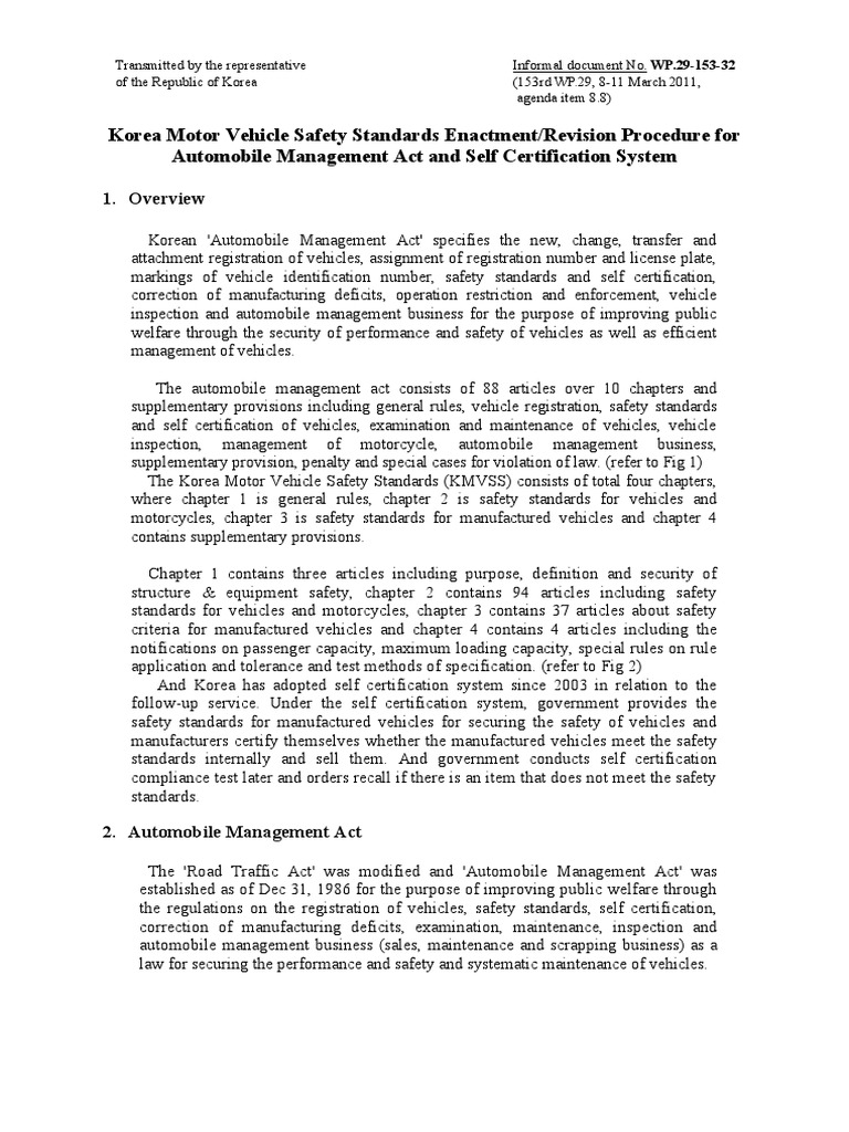 Korea Motor Vehicle Safety Standards Overview | PDF | Vehicles | Safety