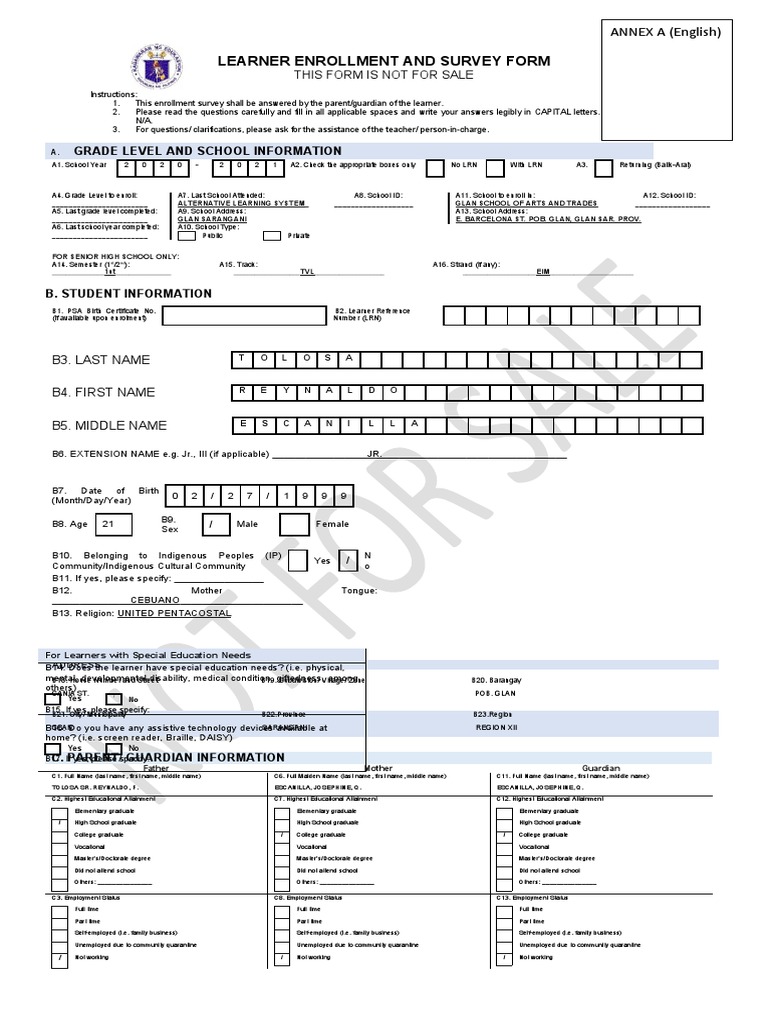 Learner Enrollment and Survey Form: Grade Level and School Information ...