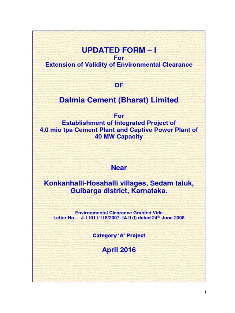 Updated Form - I: For Extension of Validity of Environmental Clearance ...
