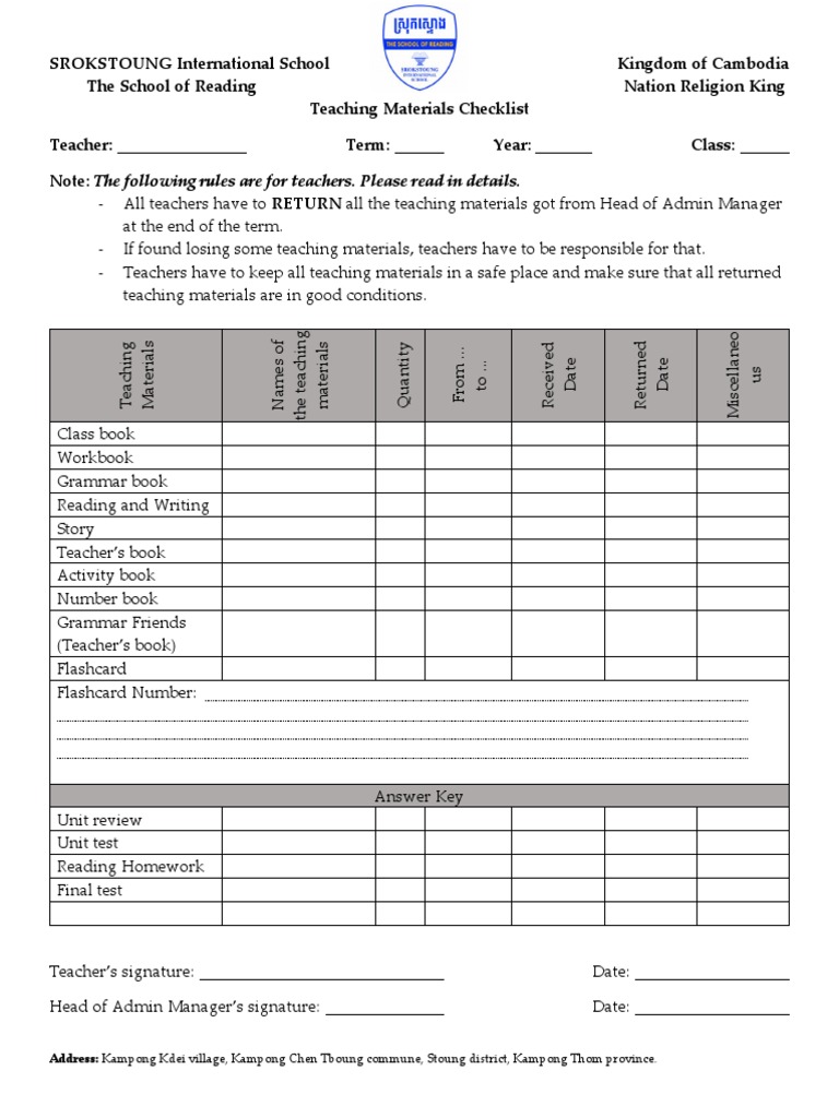 Teaching Materials Checklist | PDF | Books