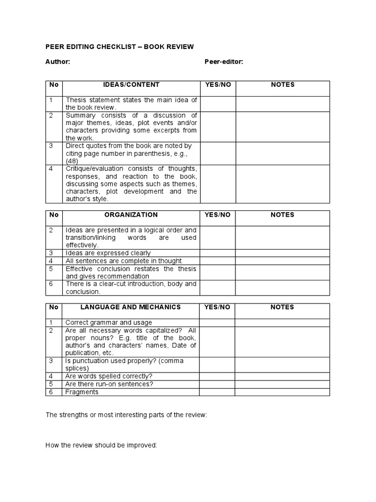 Book Review Peer Editing Checklist | PDF
