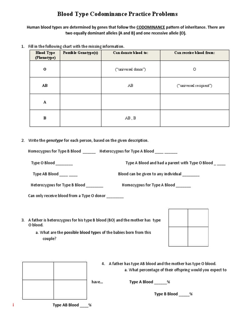 Blood Type Codominance Practice Problems | PDF | Zygosity | Dominance ...