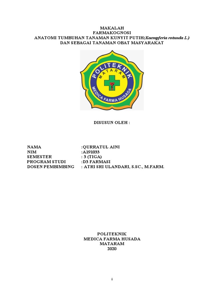 Makalah Farmakognosi Anatomi Tumbuhan Kunyit Putih | PDF | Kesehatan Holistik