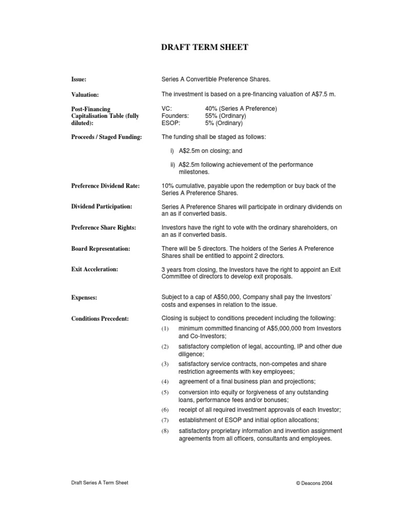 Draft Term Sheet: Issue: Valuation: Post-Financing Capitalisation Table (Fully Diluted ...