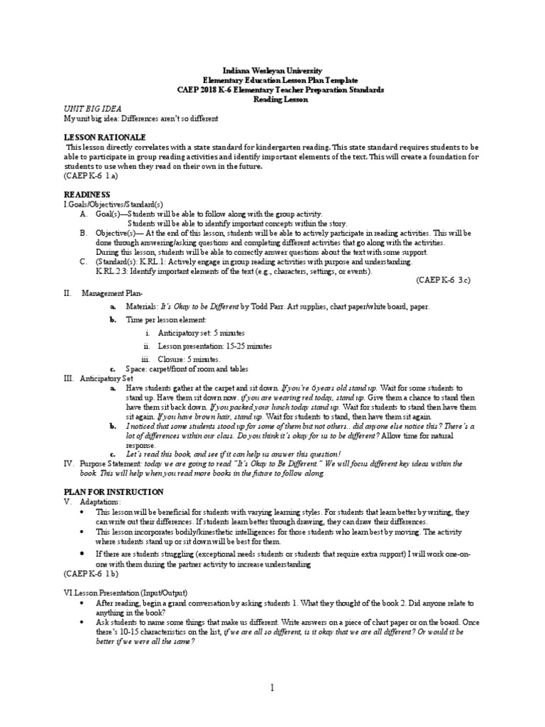 Reading LP Assessment Ele-Ip With Caep k-6 Standards 2 | PDF | Lesson ...
