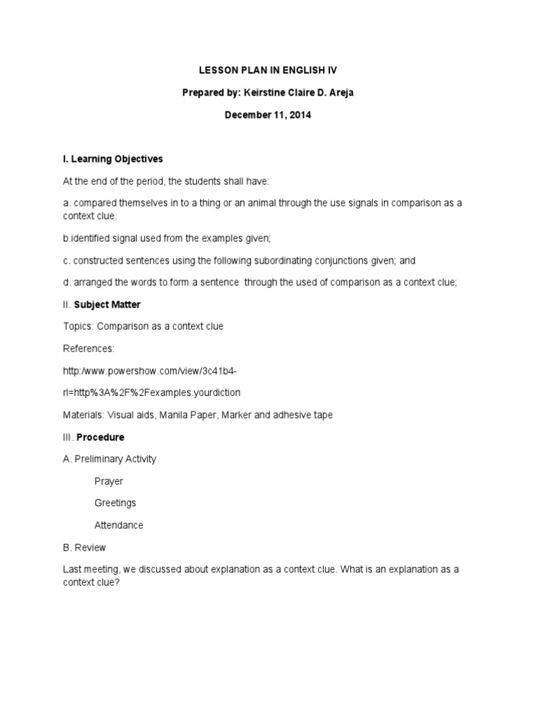 LESSON PLAN IN ENGLISH I1 Dec.11 | PDF | Lesson Plan | Cognition