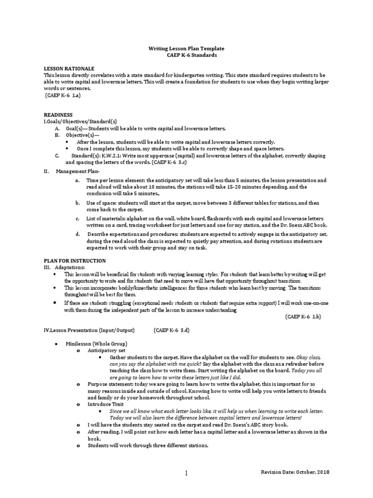 Writing Lesson Plan Template CAEP K-6 Standards Lesson Rationale | PDF ...