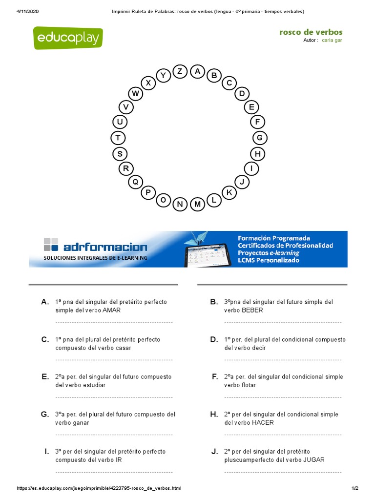 Imprimir Ruleta de Palabras - Rosco de Verbos (Lengua - 6º Primaria - Tiempos Verbales) | PDF ...
