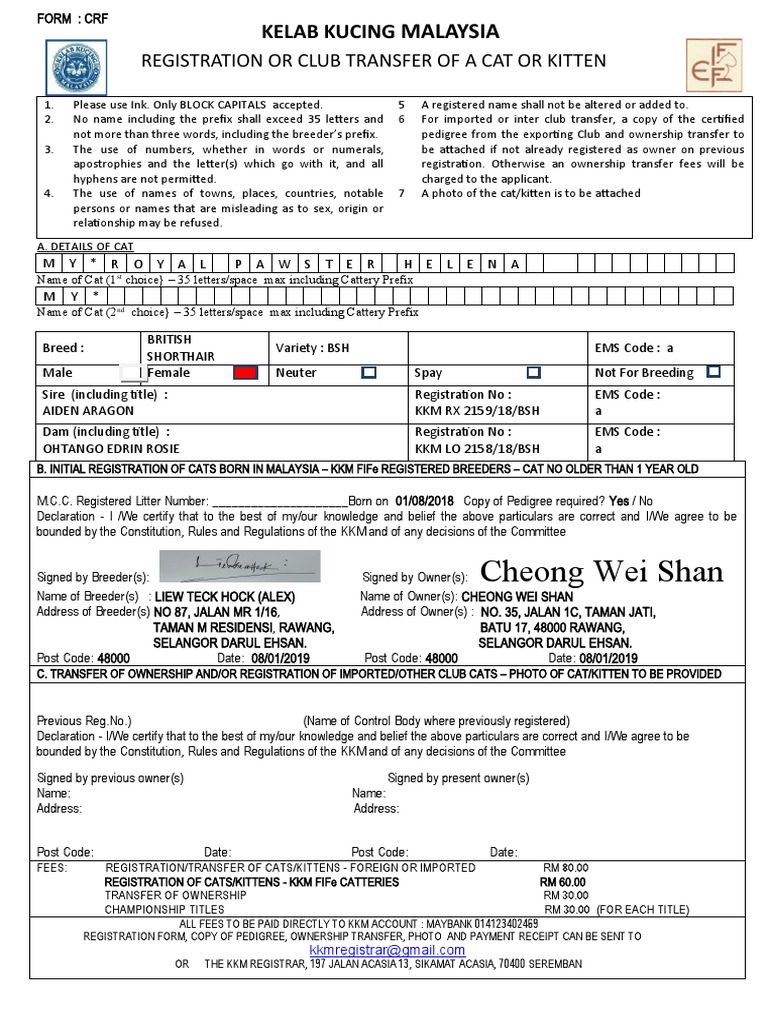 Cat Registration & Transfer Form | PDF | Cats | Animal Breeding