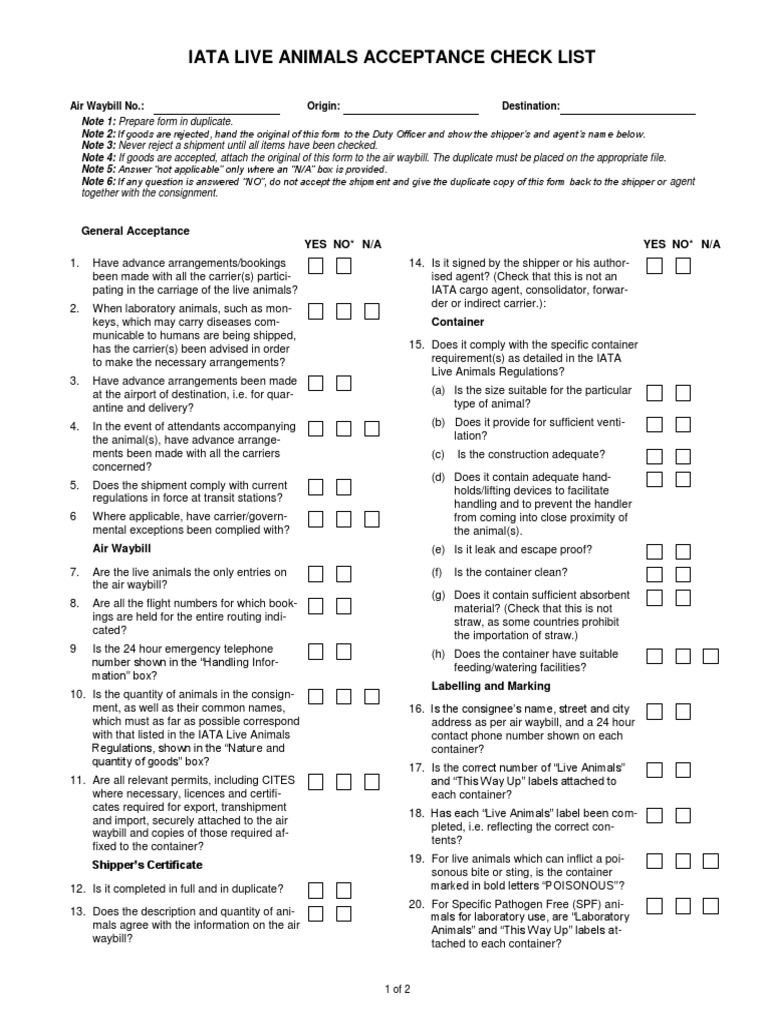 IATA Live Animals Acceptance Checklist 2025 | PDF | Transport ...