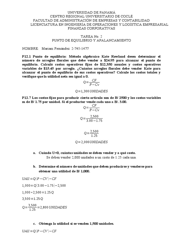 Tarea No 2 Punto de Equilibrio y Apalancamiento Mariam | PDF | Apalancamiento (Finanzas ...