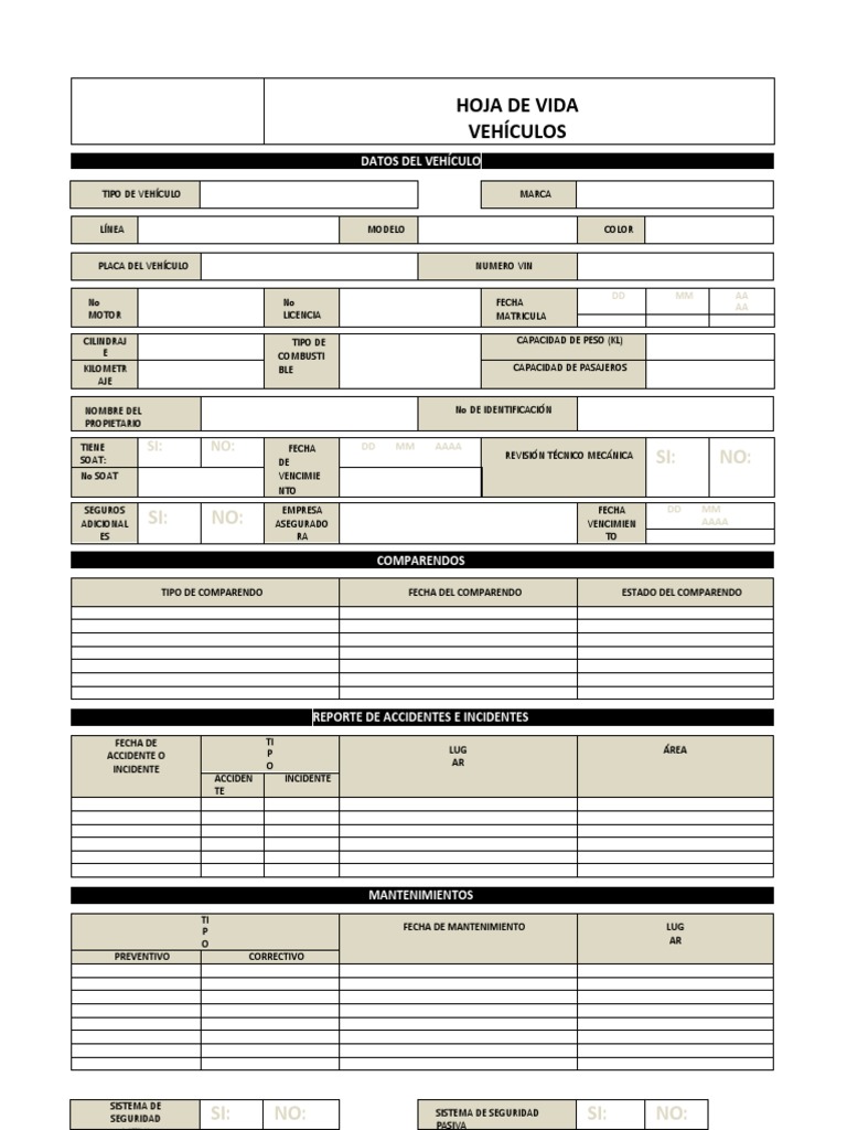 Hoja de Vida Del Vehiculo | Descargar gratis PDF | Vehículos | Vehículo ...