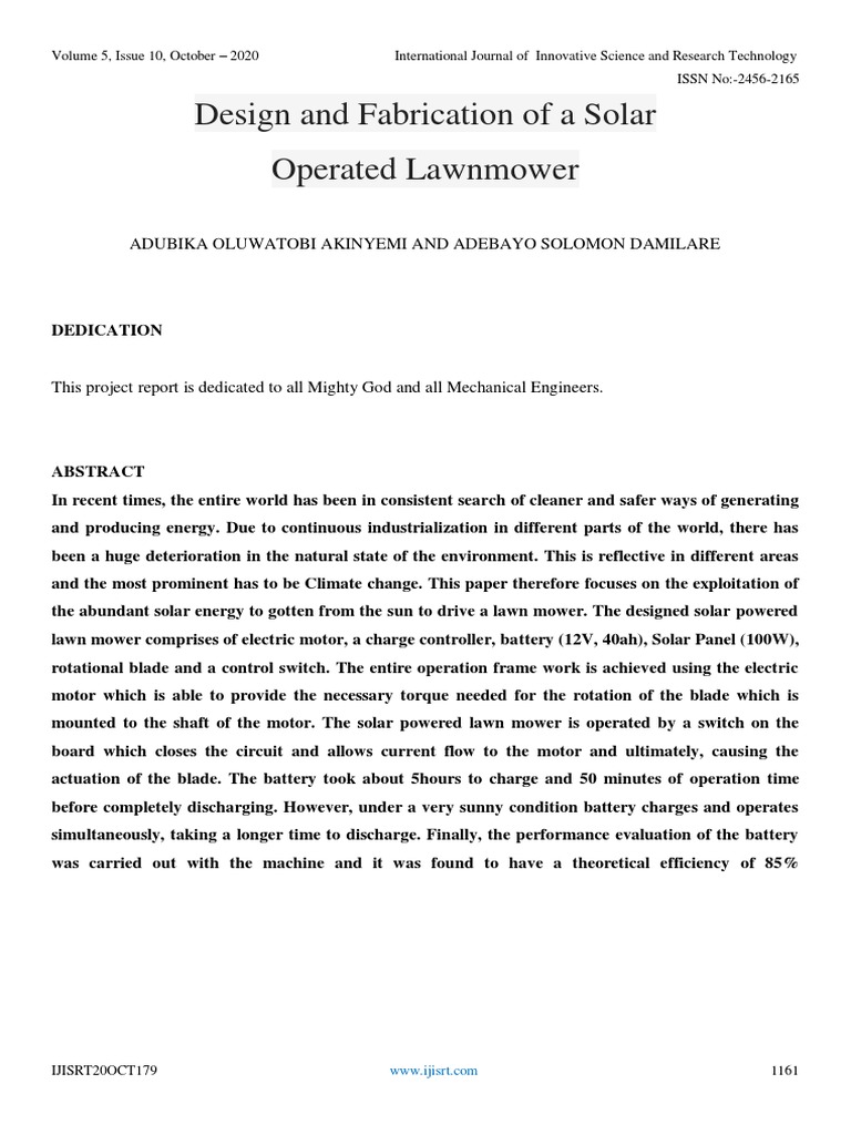 Design and Fabrication of A Solar Operated Lawnmower | PDF | Lawn Mower ...