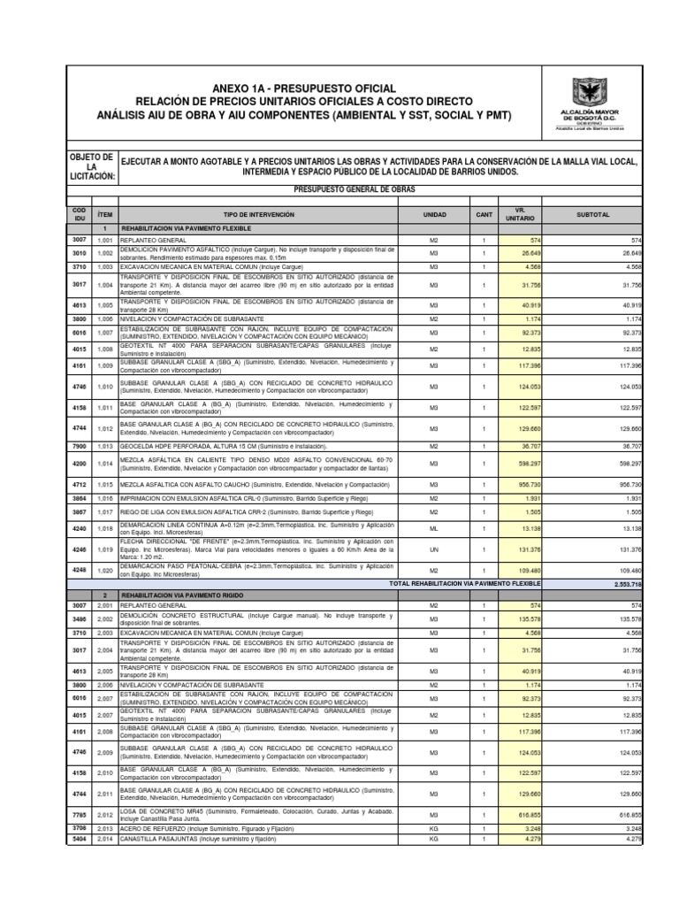 Anexo 1A - Precios Unitarios Oficiales y Analisis AIU | PDF | Construyendo tecnología | Hormigón