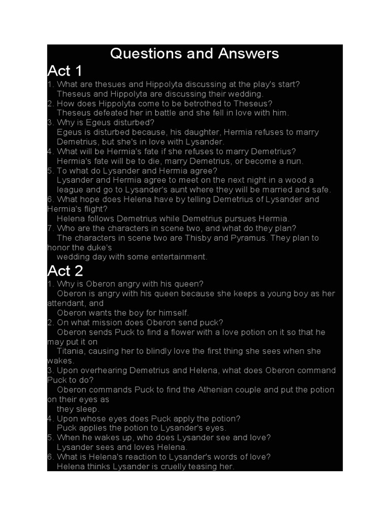 Questions and Answers Act 1 | PDF | A Midsummer Night's Dream ...