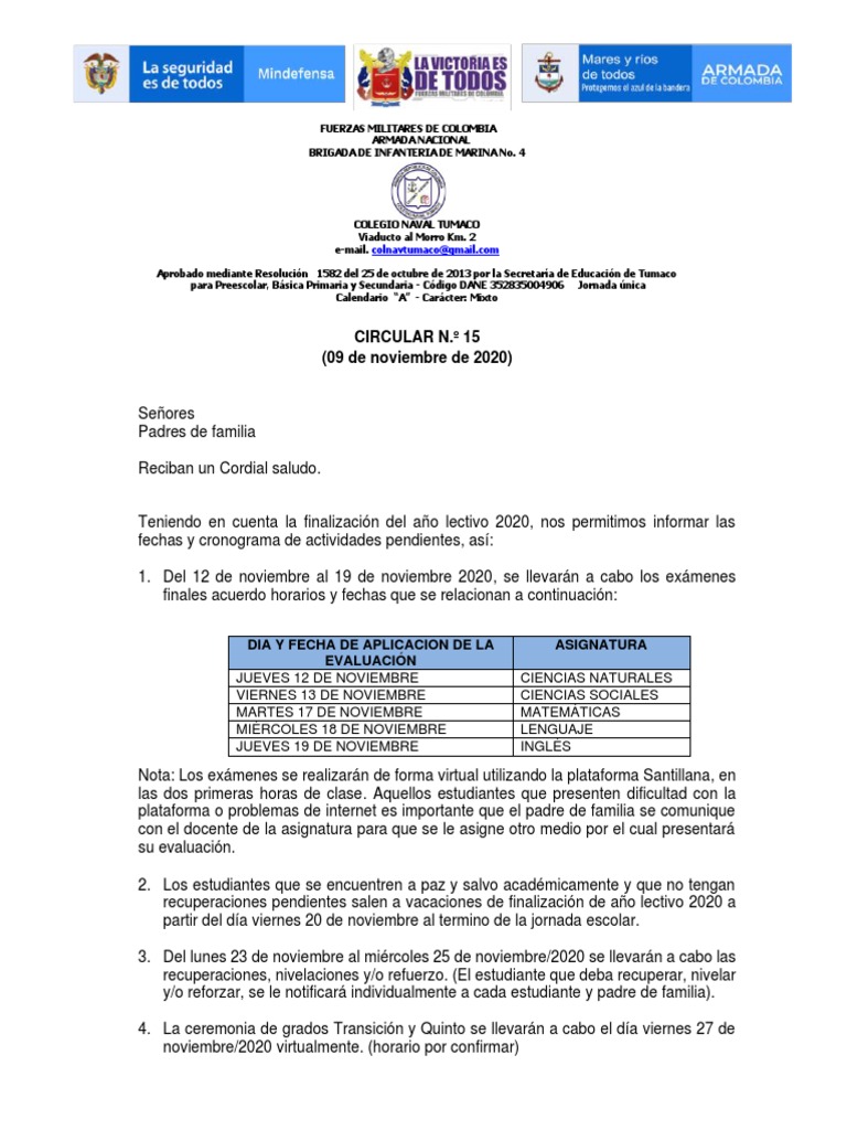 Circular 015 Examenes e Instrucciones Finales PDF | PDF | Educación ...