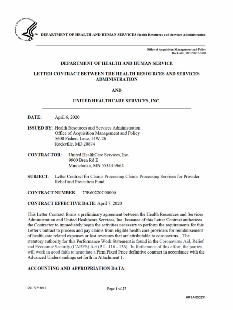 HRSA-UHG Letter Contract For Provider Relief Fund | PDF | Health ...