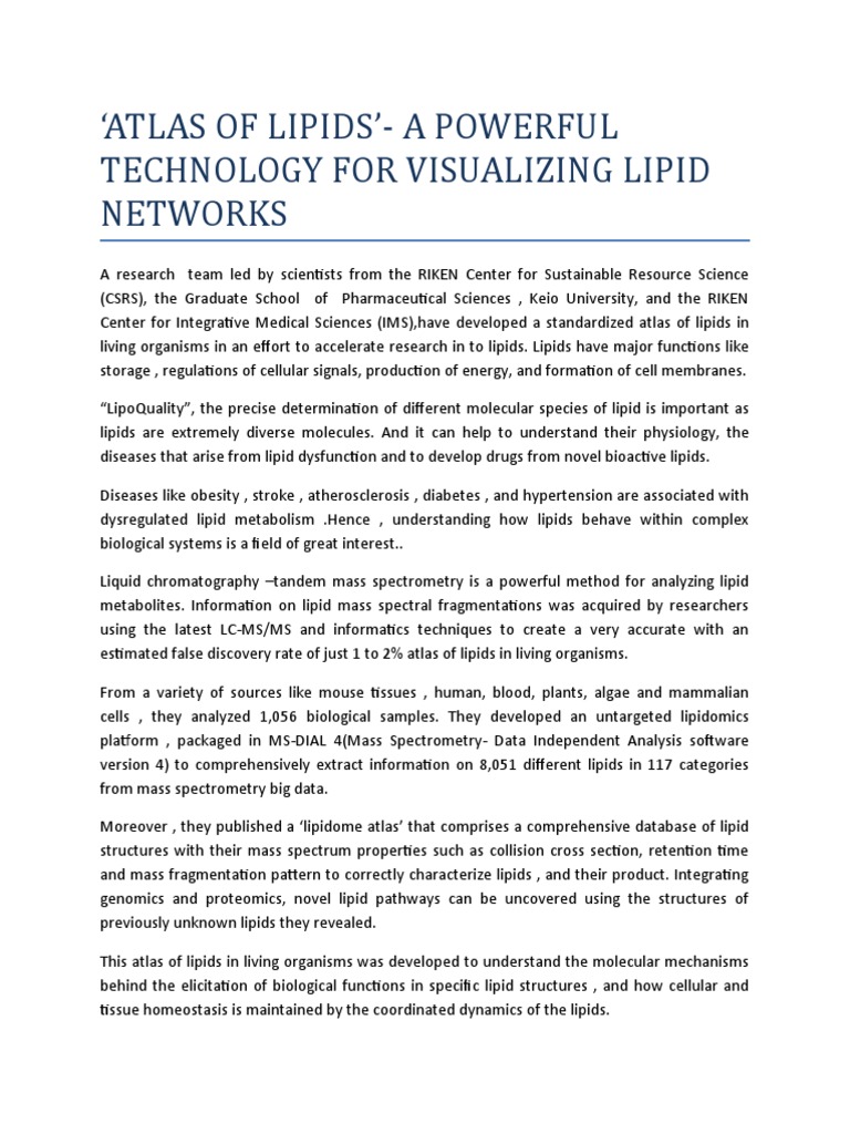 Atlas of Lipids'-A Powerful Technology For Visualizing Lipid Networks | PDF