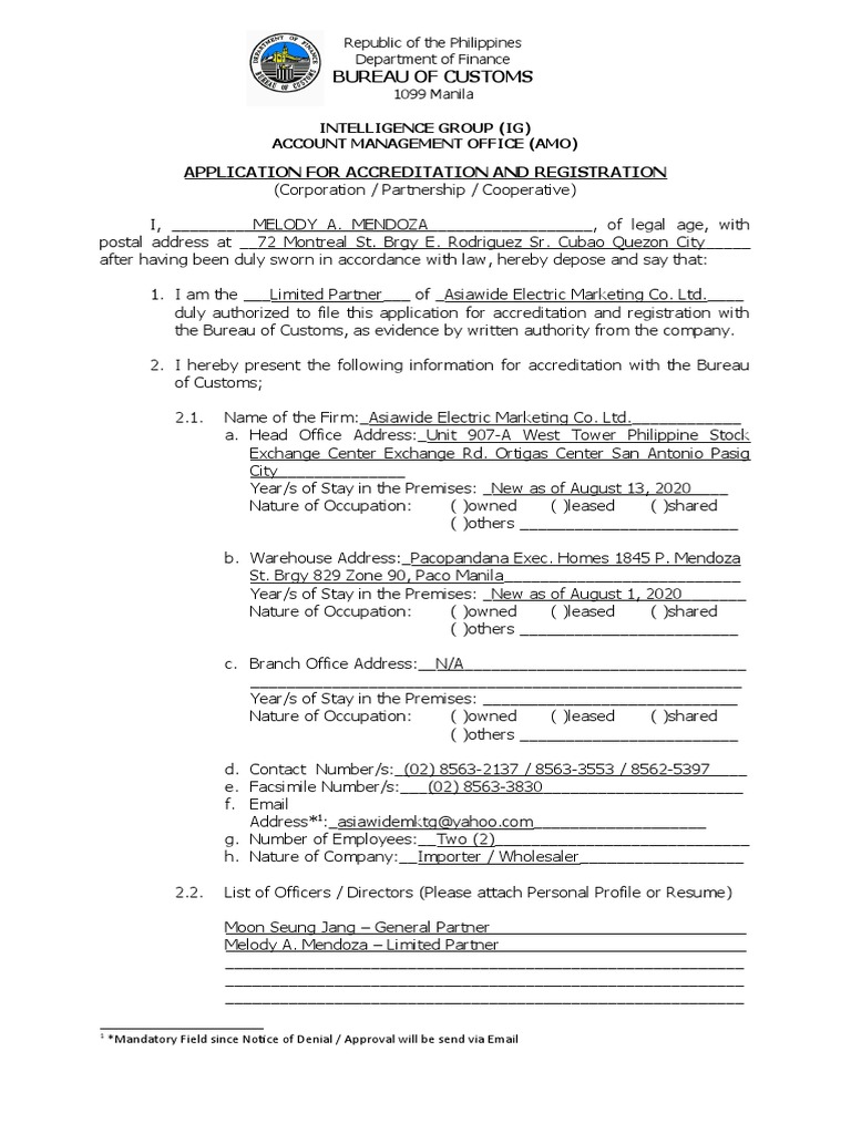 Application For Accreditation and Registration: Bureau of Customs | PDF ...