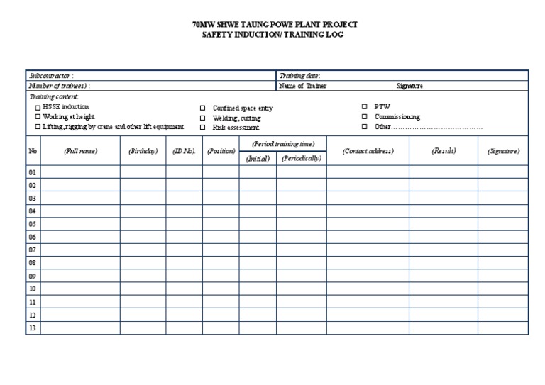 Safety Induction Training Log | PDF