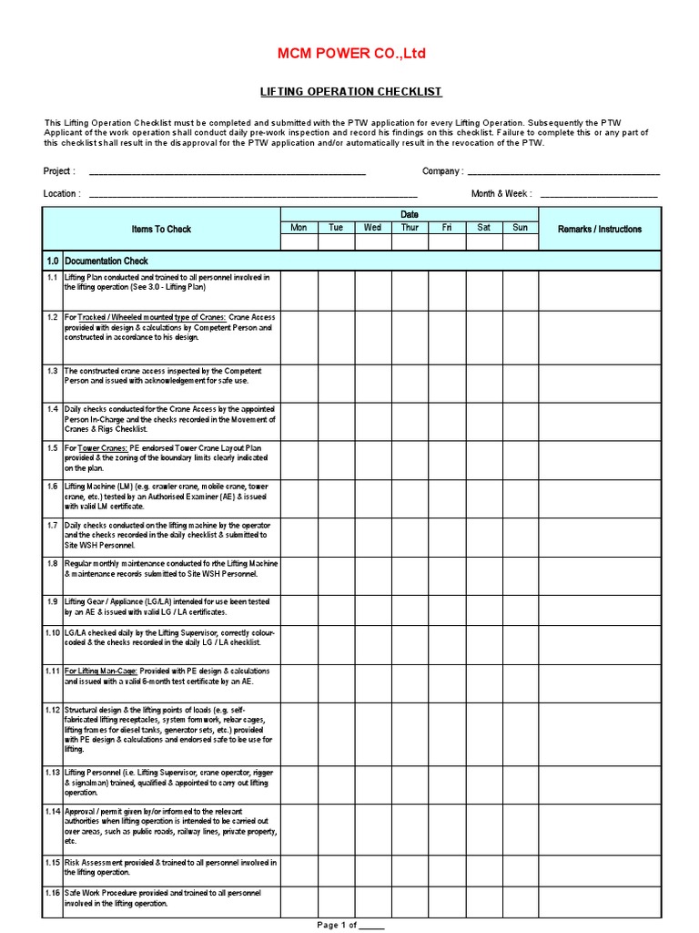 Lifting Operation Checklist | PDF | Crane (Machine)