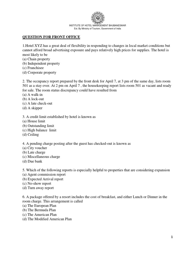 Question Bank (Front Office) | PDF | Service Industries | Business