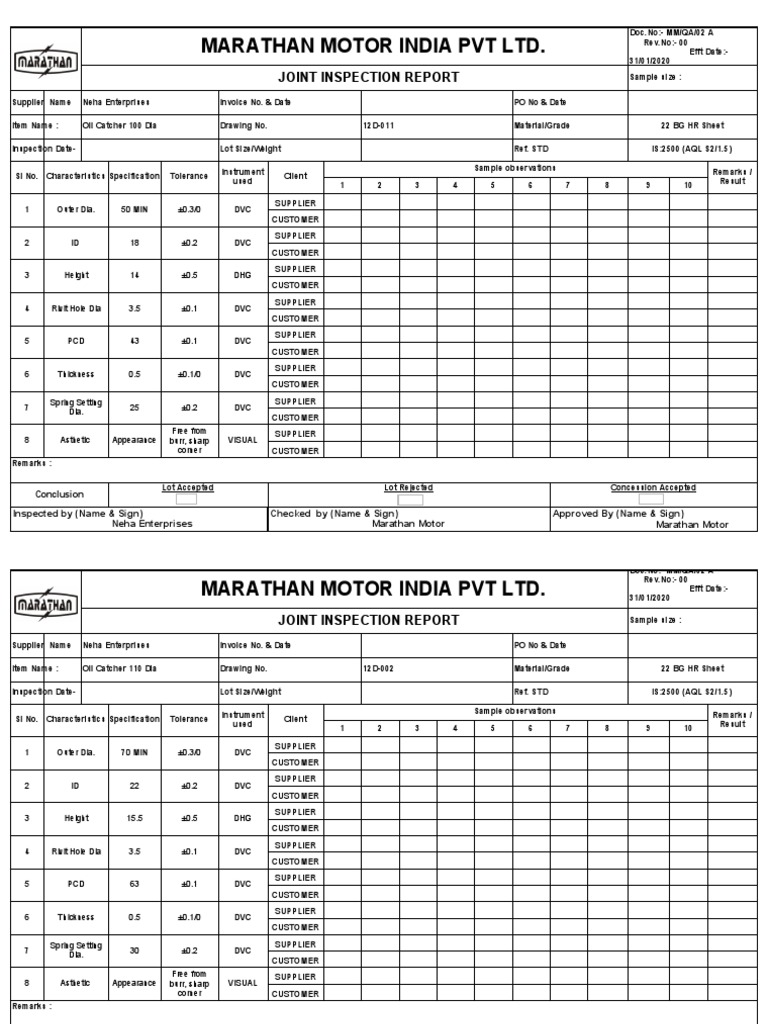 Marathan Motor India PVT LTD.: Joint Inspection Report | PDF | Business