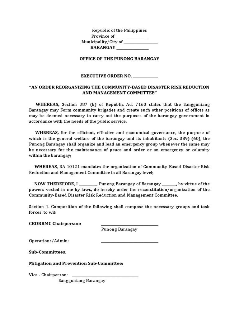 CBDRRMC Executive Order (Sample) | PDF | Emergency Management ...