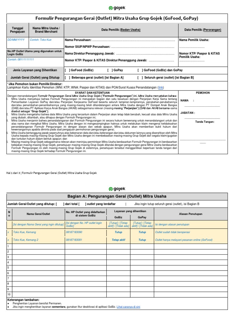 Formulir Pengurangan Gerai Dan - Atau Terminasi Layanan GoFood - GoPay PDF | PDF