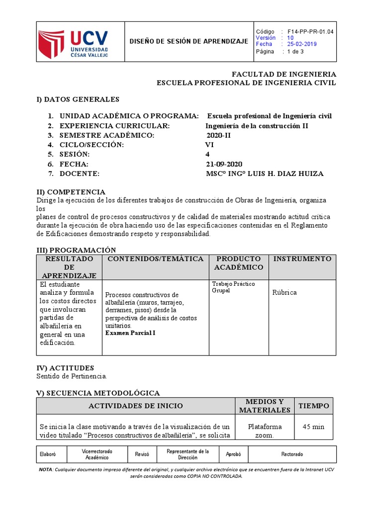 Diseño de Sesión de Aprendizaje: Código: F14-PP-PR-01.04 | PDF | Ingeniería | Aprendizaje