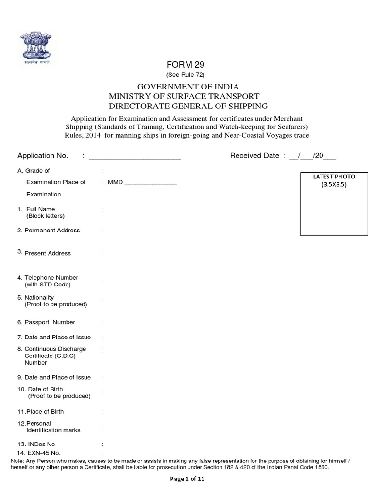Form 29 Government of India Ministry of Surface Transport Directorate ...