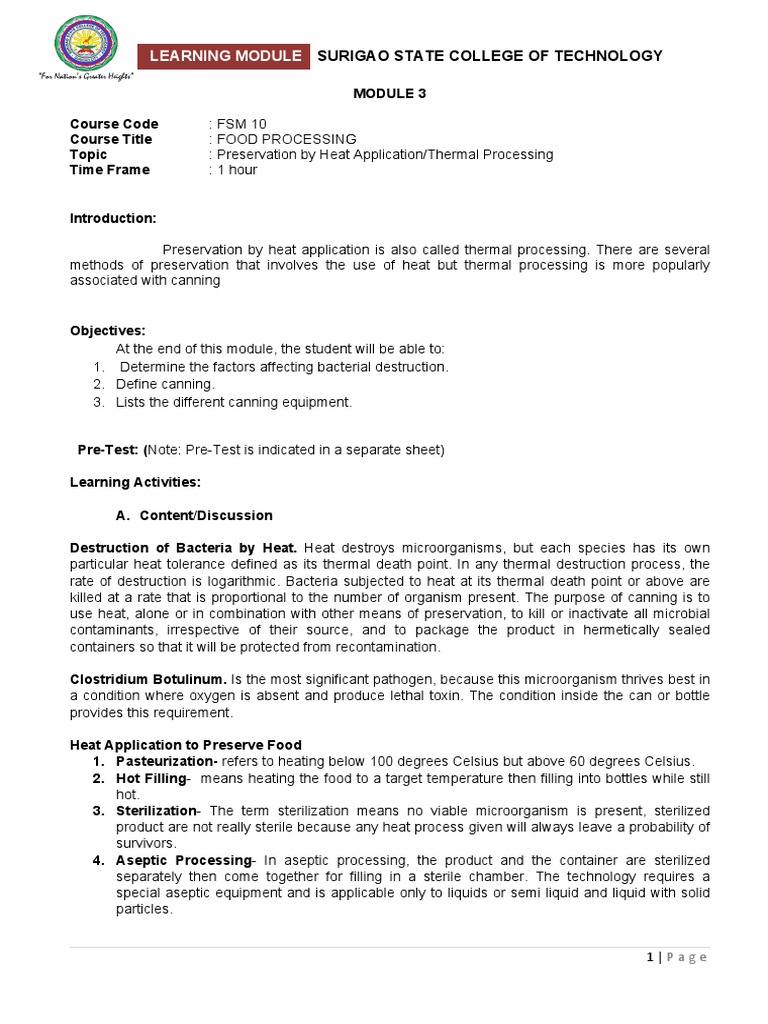 Learning Module: Surigao State College of Technology | PDF | Canning | Food Preservation