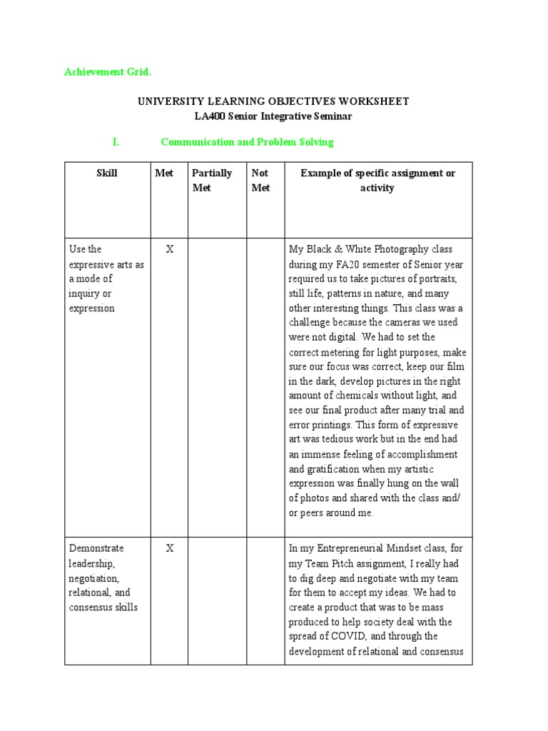 University Learning Objectives Worksheet LA400 Senior Integrative ...
