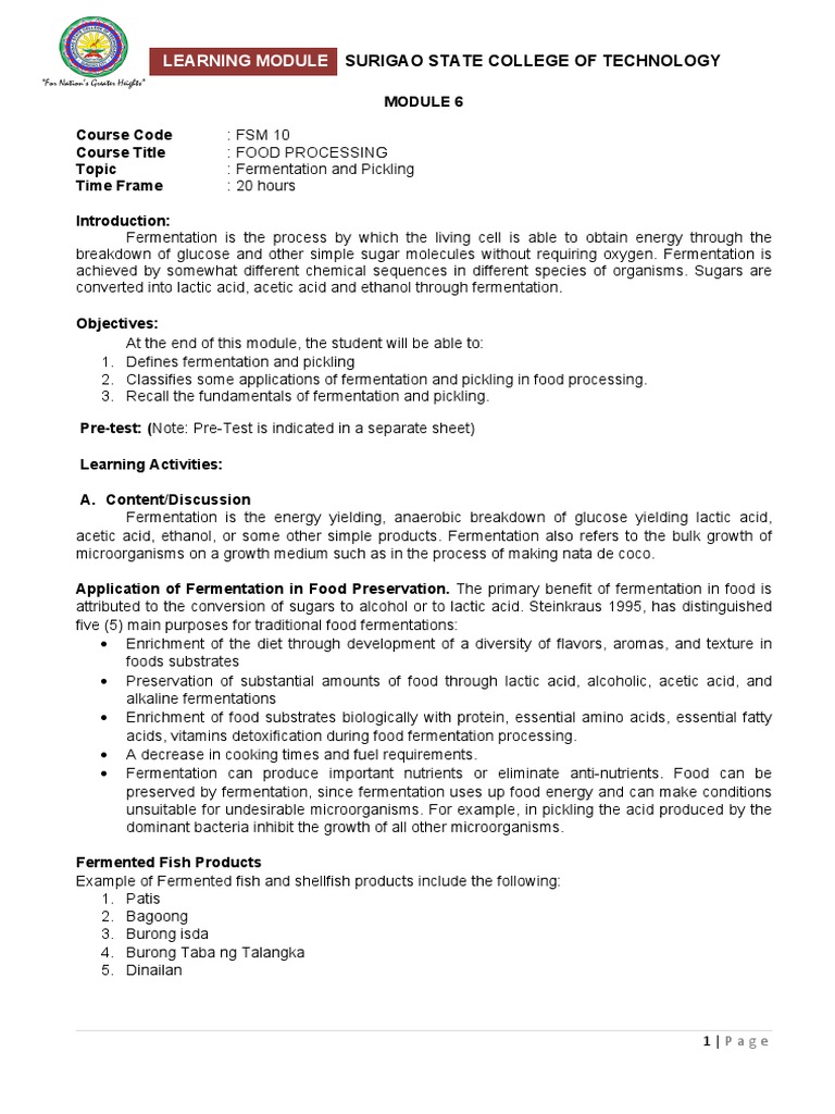Learning Module: Surigao State College of Technology | PDF | Fermentation | Pickling