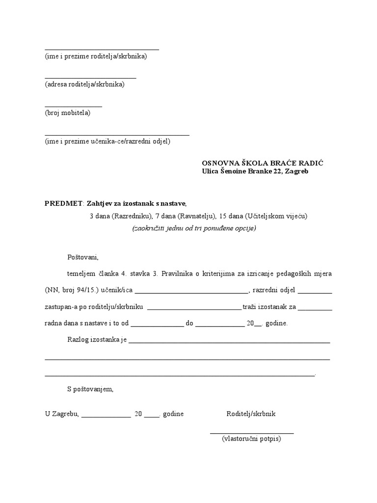 Obrazac Za Izostanak Ucenika S Nastave | PDF