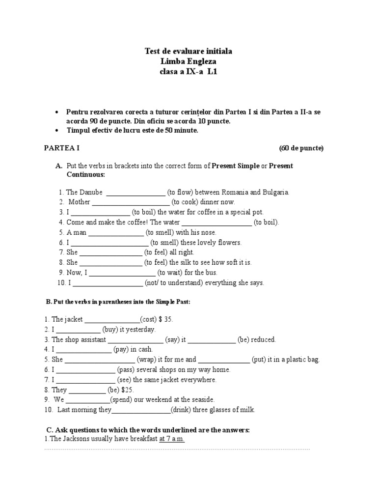 Test Initial La Limba Engleza - 9 | PDF