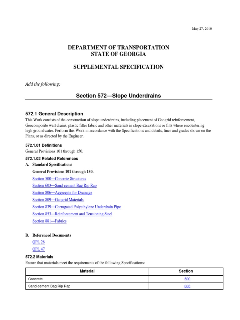 Slope Underdrain Specs - GaDoT | PDF | Drainage | Concrete