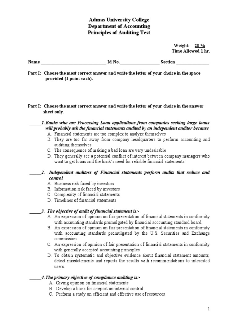 Principles of Auditing Test | PDF | Financial Audit | Audit