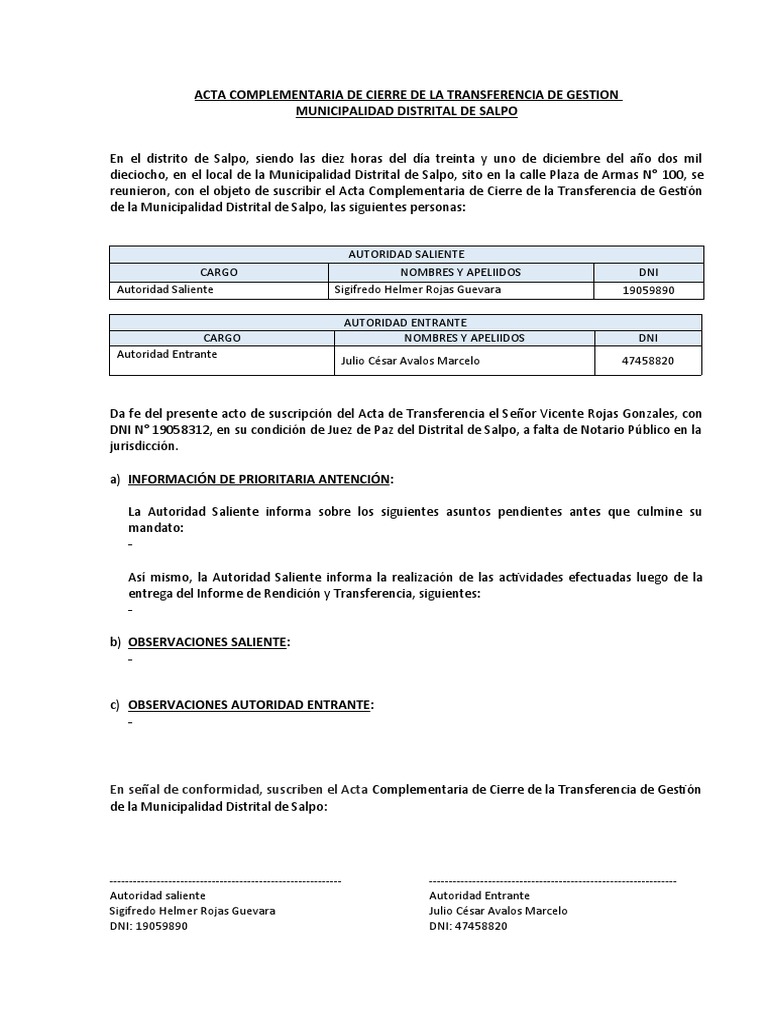 Acta Complementaria de Cierre de Transferencia de Gestión | PDF | Gobierno | Violencia
