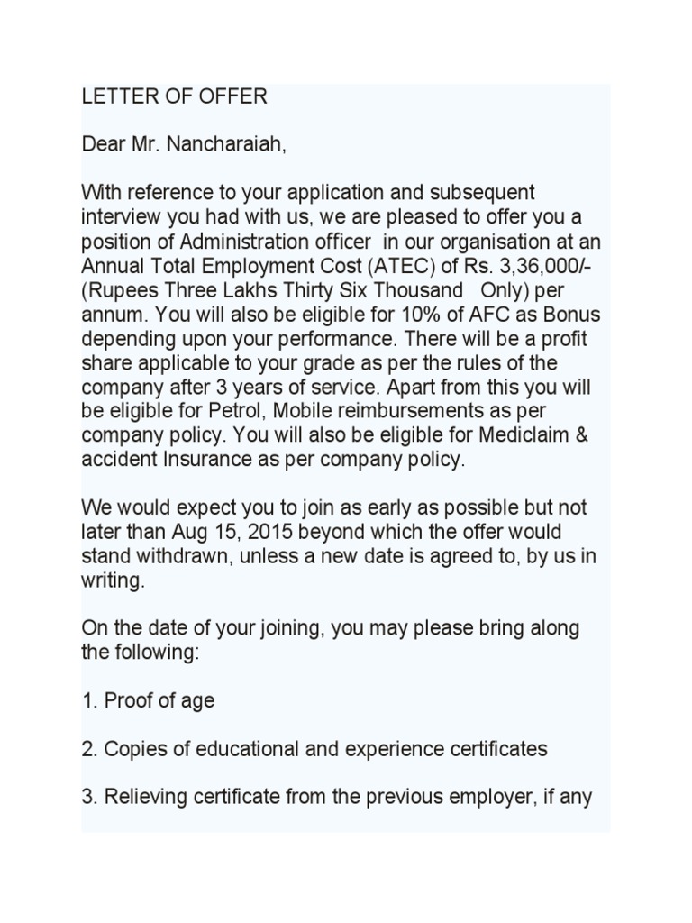 Administration Officer Offer Letter | PDF