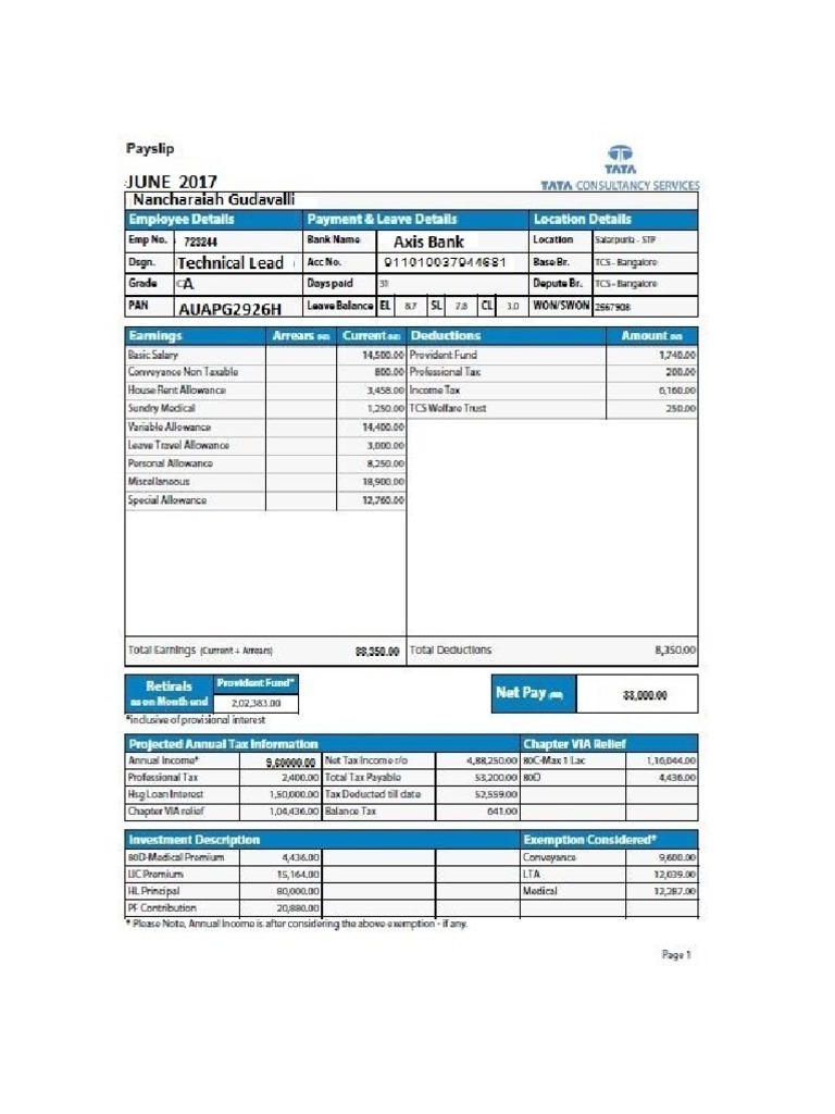 TCS Payslip - June 2017 | PDF