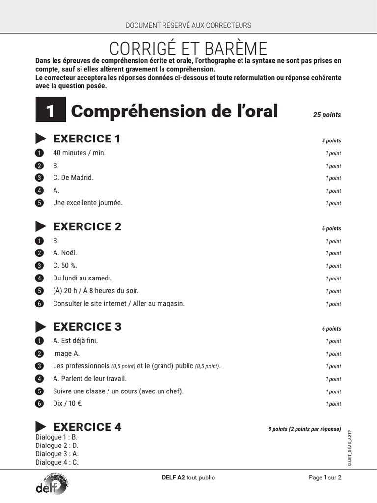 Corrigé DELF A2 Tout Public | PDF