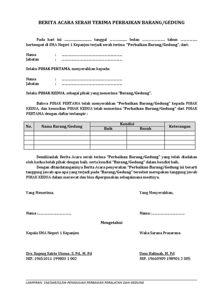 Lampiran CM-SAR-02-06-Berita Acara Serah Terima Perbaikan Barang-Gedung | PDF | Hukum | Griya ...