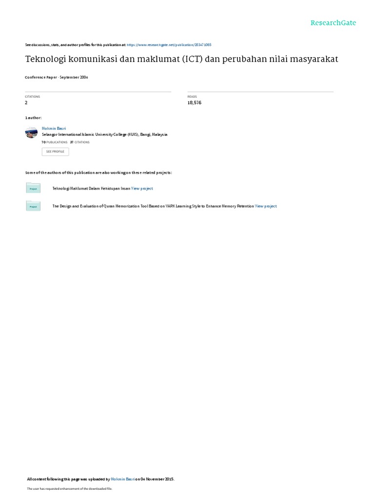 Teknologi Komunikasi Dan Maklumat (ICT) Dan Perubahan Nilai Masyarakat | PDF