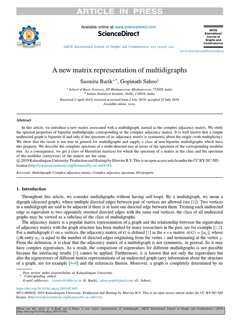 A New Matrix Representation for Multidigraph Spectral Analysis | PDF ...