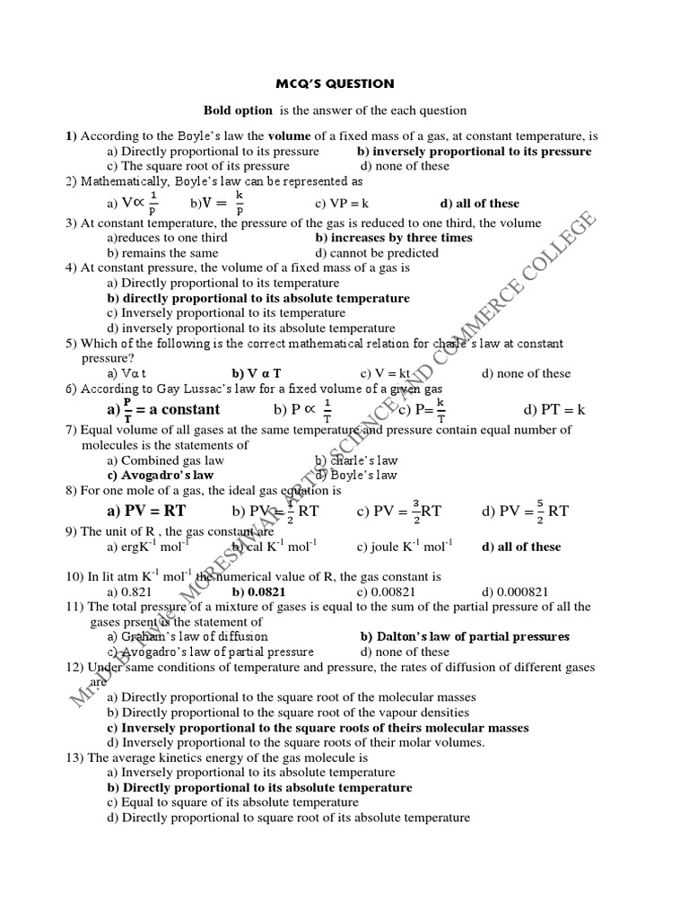 B.sc. First Year Physical Chemistry Mcqs Question Bank | PDF | Gases ...